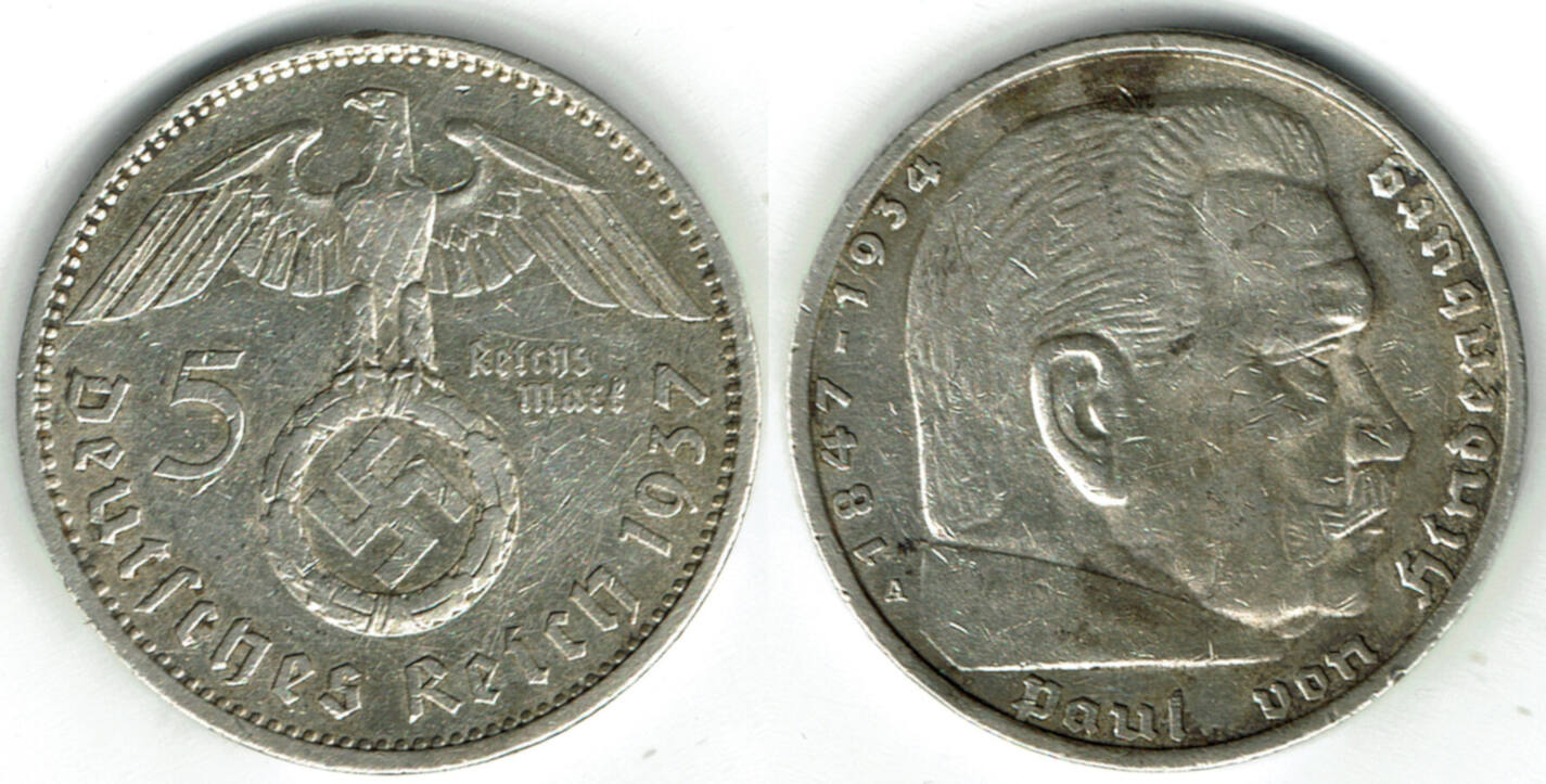 Drittes Reich, 5 Reichsmark 1937 A, Hindenburg mit HK, 13,89 g 900er ...