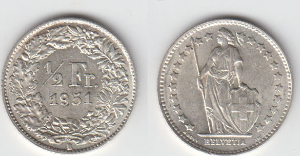 Schweiz Switzerland, silver coin, 1/2 Franken 1951, like scan EF | MA-Shops
