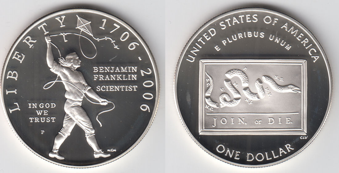 1 Dollar USA, silver coin Benjamin Franklin/i 2006, in Box with ...