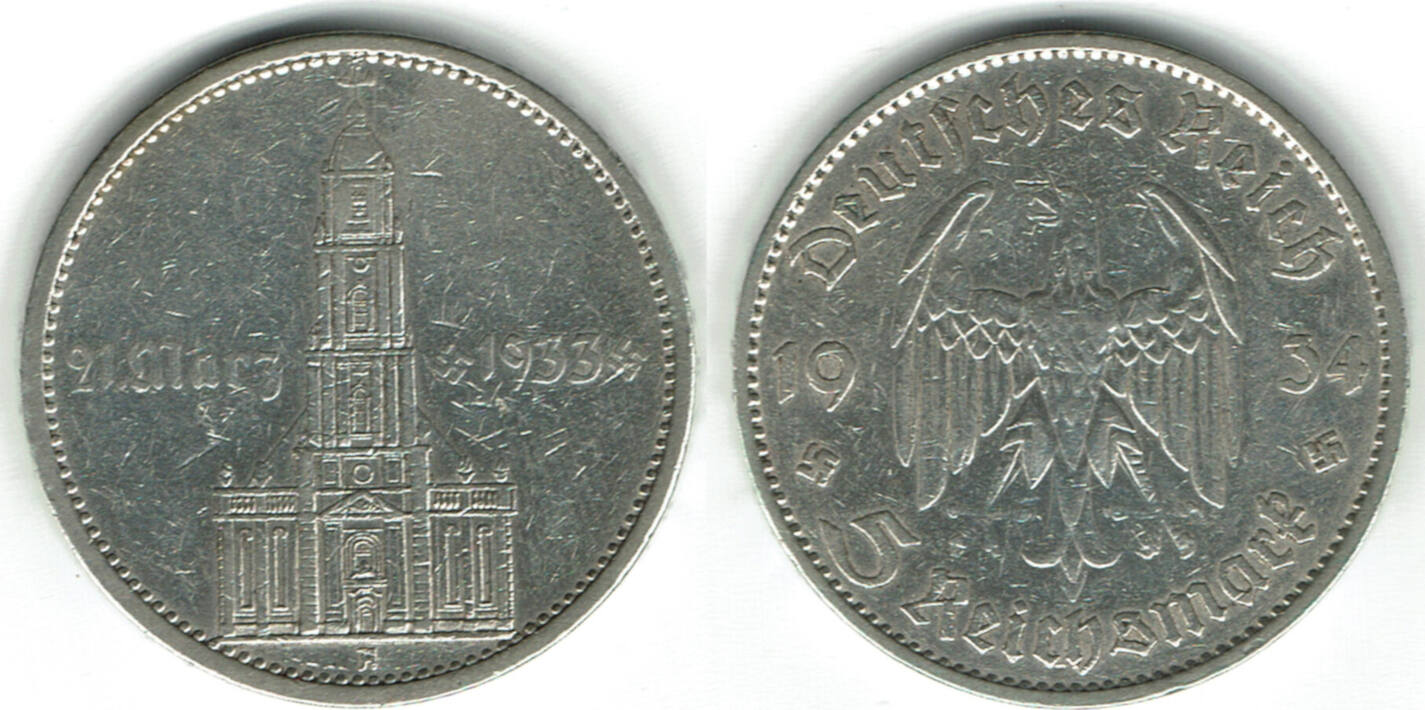 Drittes Reich, 5 Reichsmark 1934 A, Garnisonskirche Potsdam mit Datum ...