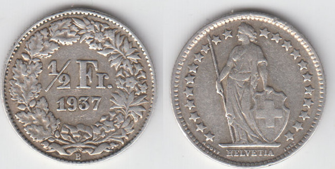 Schweiz Switzerland, silver coin, 1/2 Franken 1937 B, like scan VF | MA-Shops