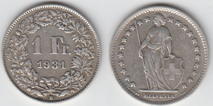 Schweiz 1931 Switzerland, silver coin, 1 Franken, like scan VF | MA-Shops