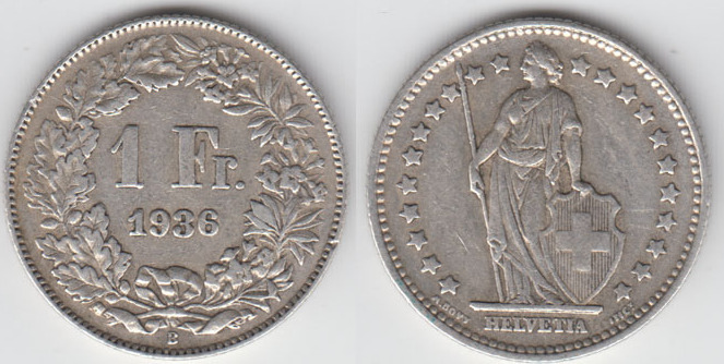 Schweiz 1936 Switzerland, silver coin, 1 Franken, like scan VF | MA-Shops