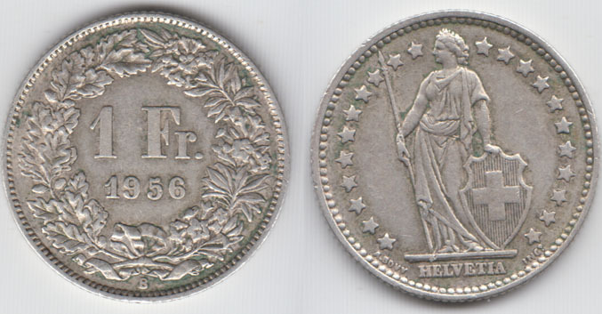 Schweiz 1956 Switzerland, silver coin, 1 Franken, like scan aEF | MA-Shops