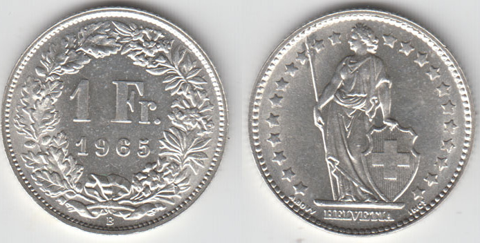 Schweiz 1965 Switzerland, silver coin, 1 Franken, like scan UNC- | MA-Shops
