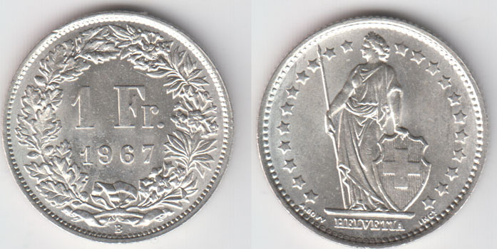 Schweiz 1967 Switzerland, silver coin, 1 Franken, like scan UNC- | MA-Shops
