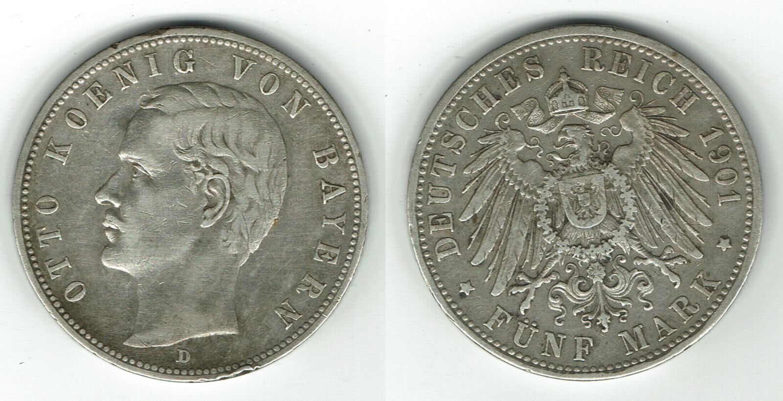 Kaiserreich - Bayern Deutsches Kaiserreich, Bayern, König Otto, 5 Mark 1901 D, Silber! VF, kl ...
