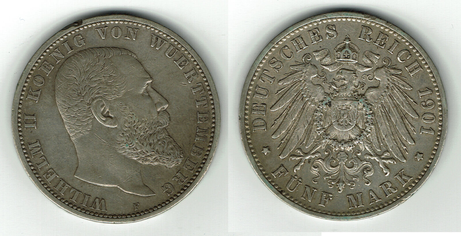 5 Mark Kaiserreich, Württemberg 1901 F, Wilhelm II., Erhaltung siehe Scan! VF, Randfehler | MA-Shops