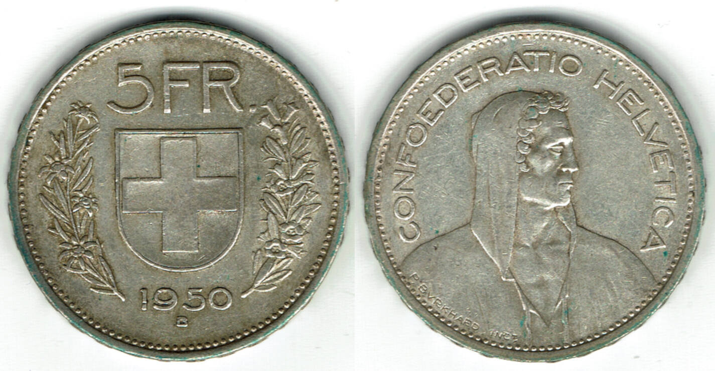 Schweiz Switzerland, silver coin, 5 Franken 1950 B, like scan VF+ | MA-Shops