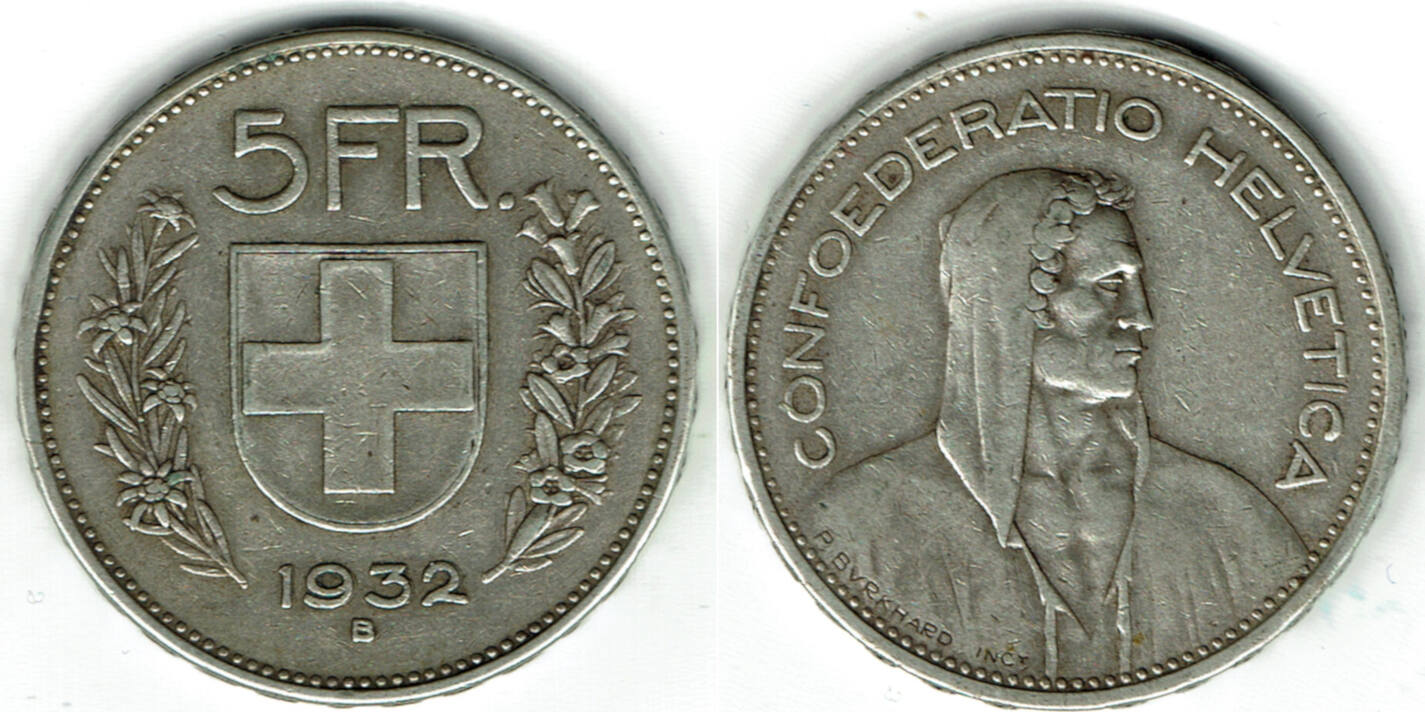 Schweiz Switzerland, silver coin, 5 Franken 1932 B, like scan VF | MA-Shops