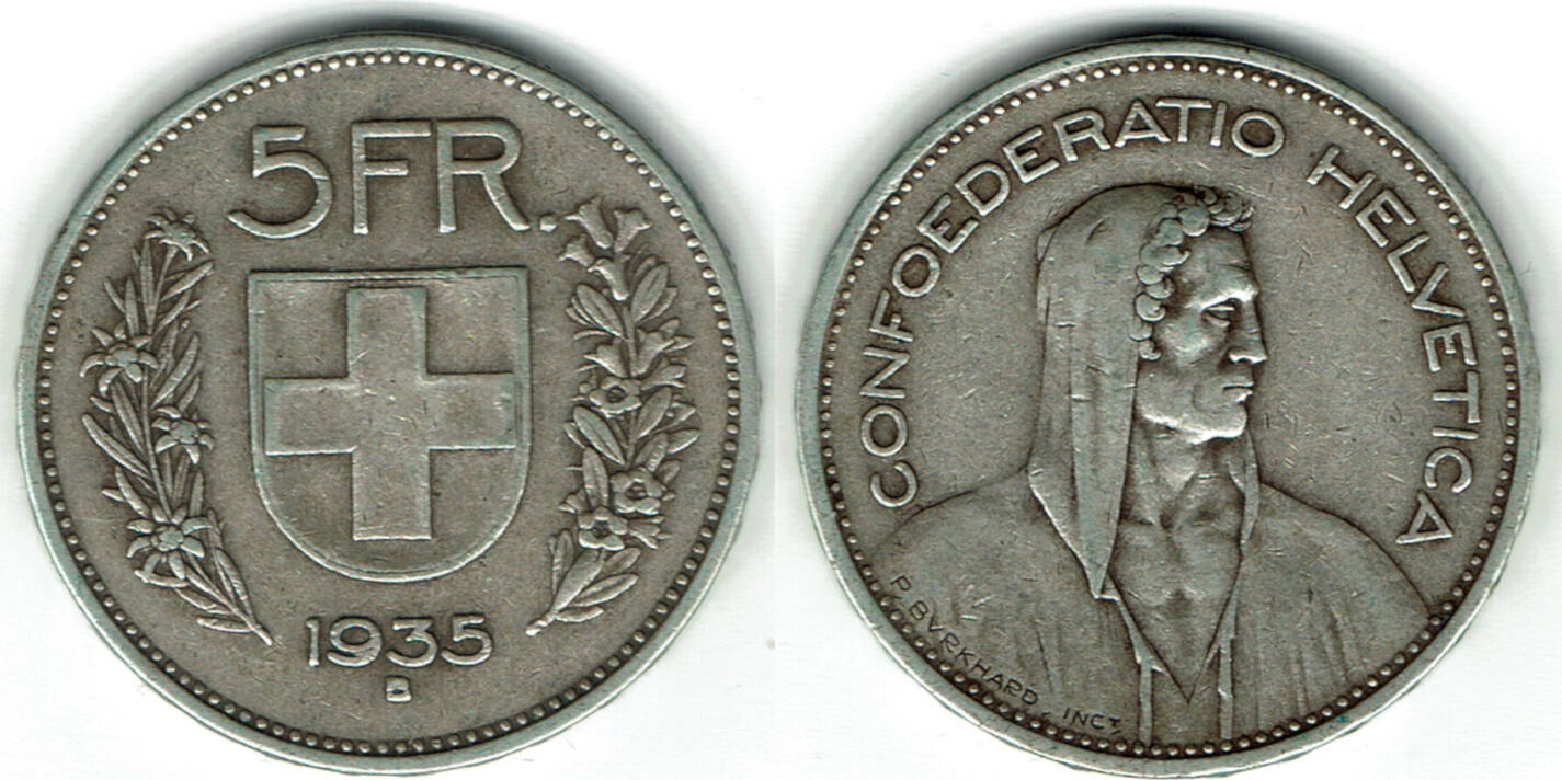 Schweiz Switzerland, silver coin, 5 Franken 1935 B, like scan VF | MA-Shops