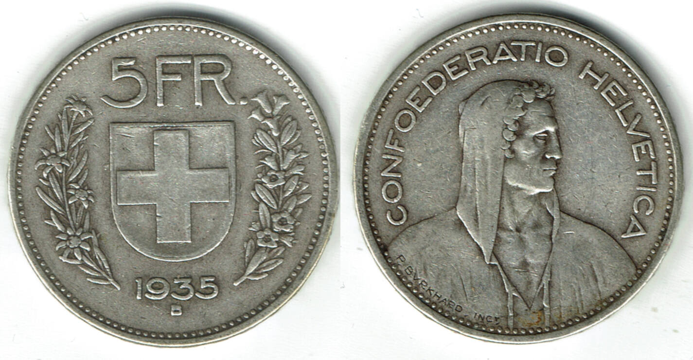 Schweiz Switzerland, silver coin, 5 Franken 1935, like scan VF | MA-Shops