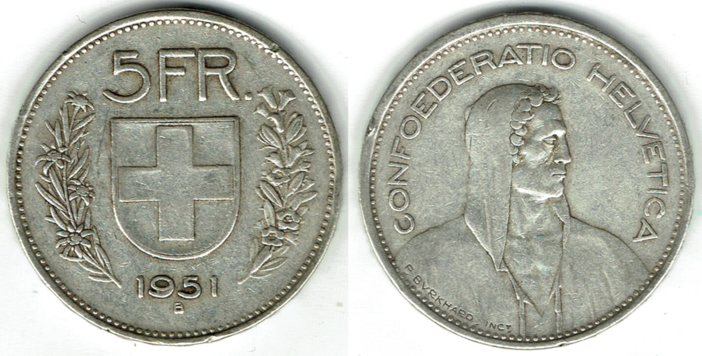 Schweiz Switzerland, silver coin, 5 Franken 1951, like scan VF | MA-Shops