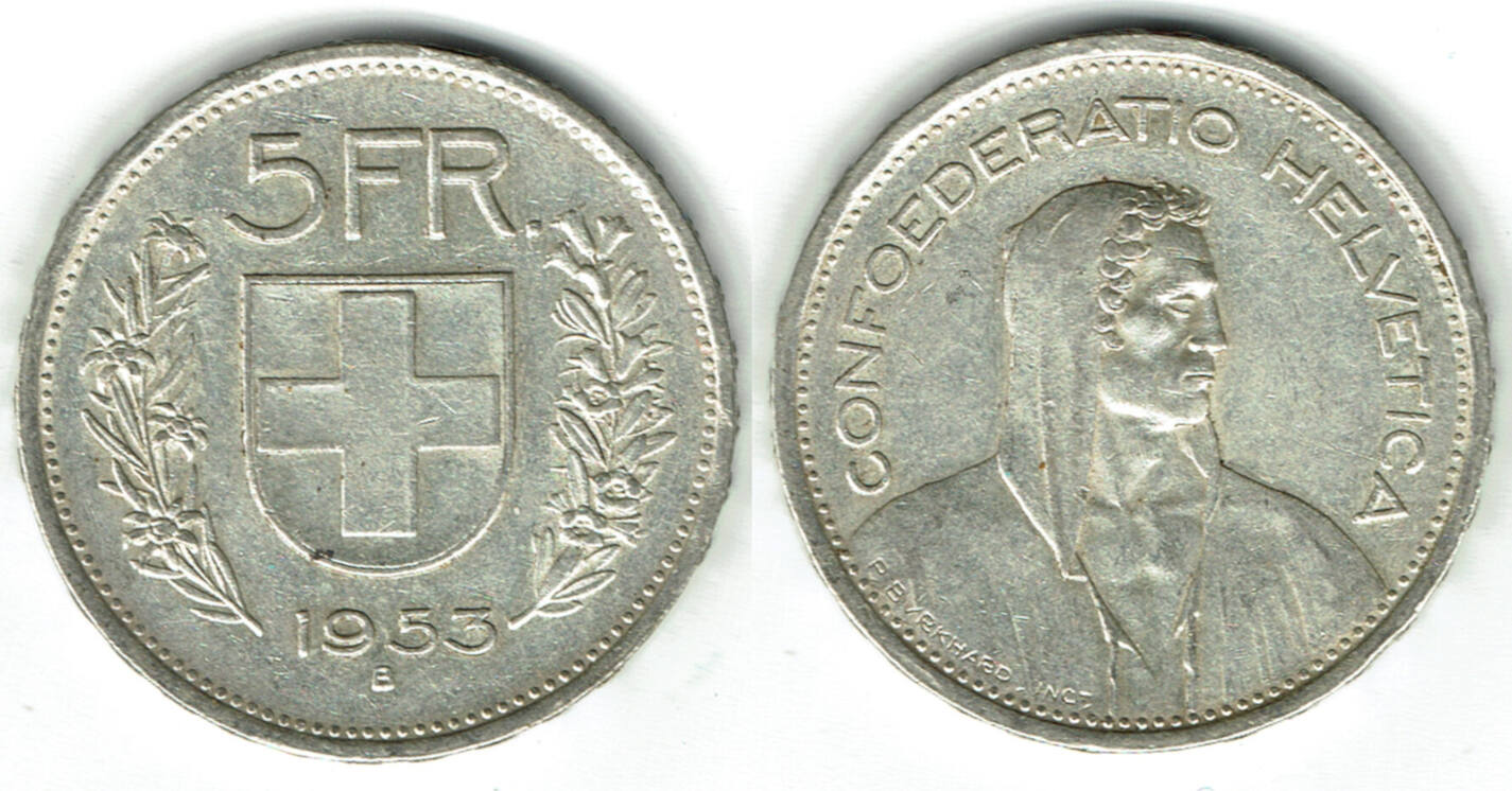 Schweiz Switzerland, silver coin, 5 Franken 1953, like scan VF | MA-Shops