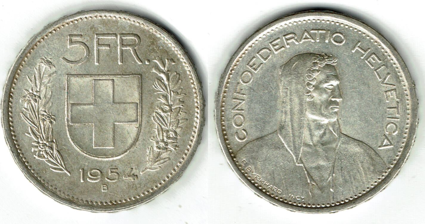 Schweiz Switzerland, silver coin, 5 Franken 1954, like scan VF-EF | MA-Shops