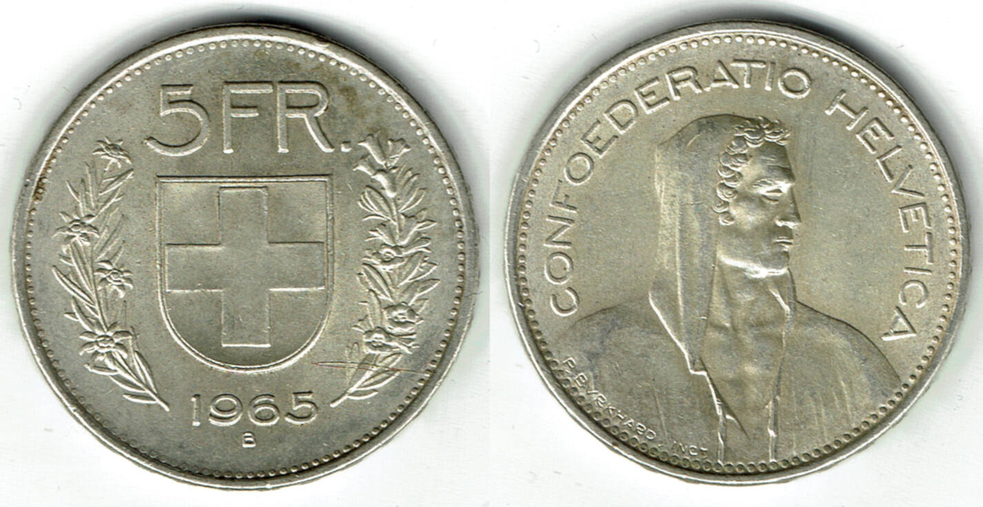Schweiz Switzerland, silver coin, 5 Franken 1965, like scan AU | MA-Shops