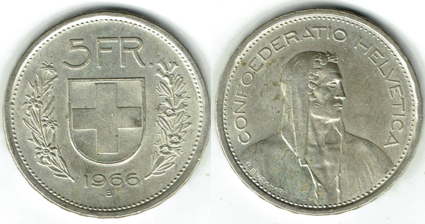 Schweiz Switzerland, silver coin, 5 Franken 1966, like scan UNC- | MA-Shops