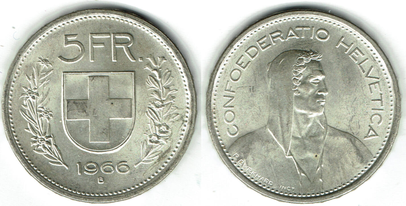 Schweiz Switzerland, silver coin, 5 Franken 1966, like scan UNC- | MA-Shops