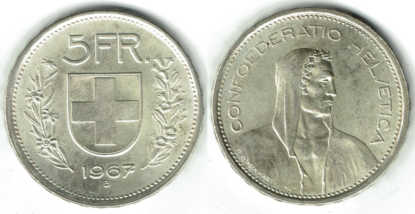Schweiz Switzerland, silver coin, 5 Franken 1967, like scan UNC- | MA-Shops
