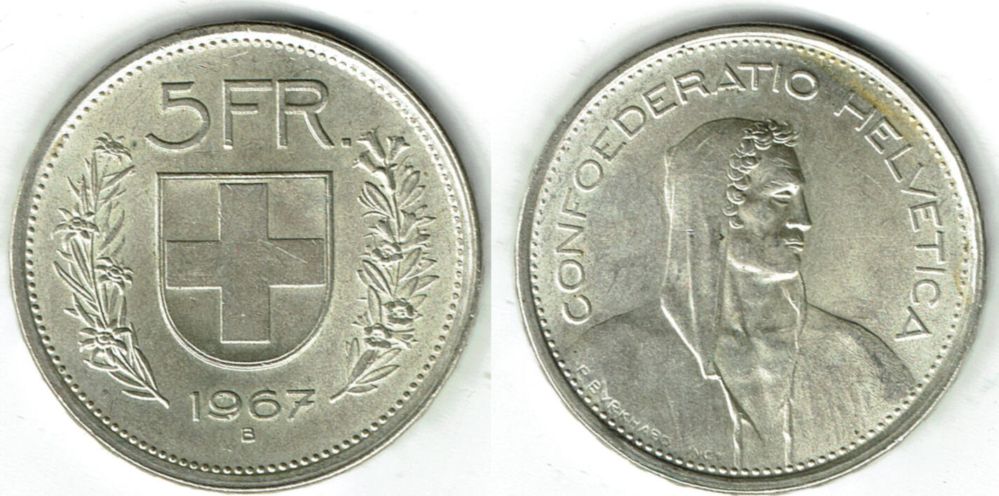 Schweiz Switzerland, silver coin, 5 Franken 1967, like scan UNC- | MA-Shops