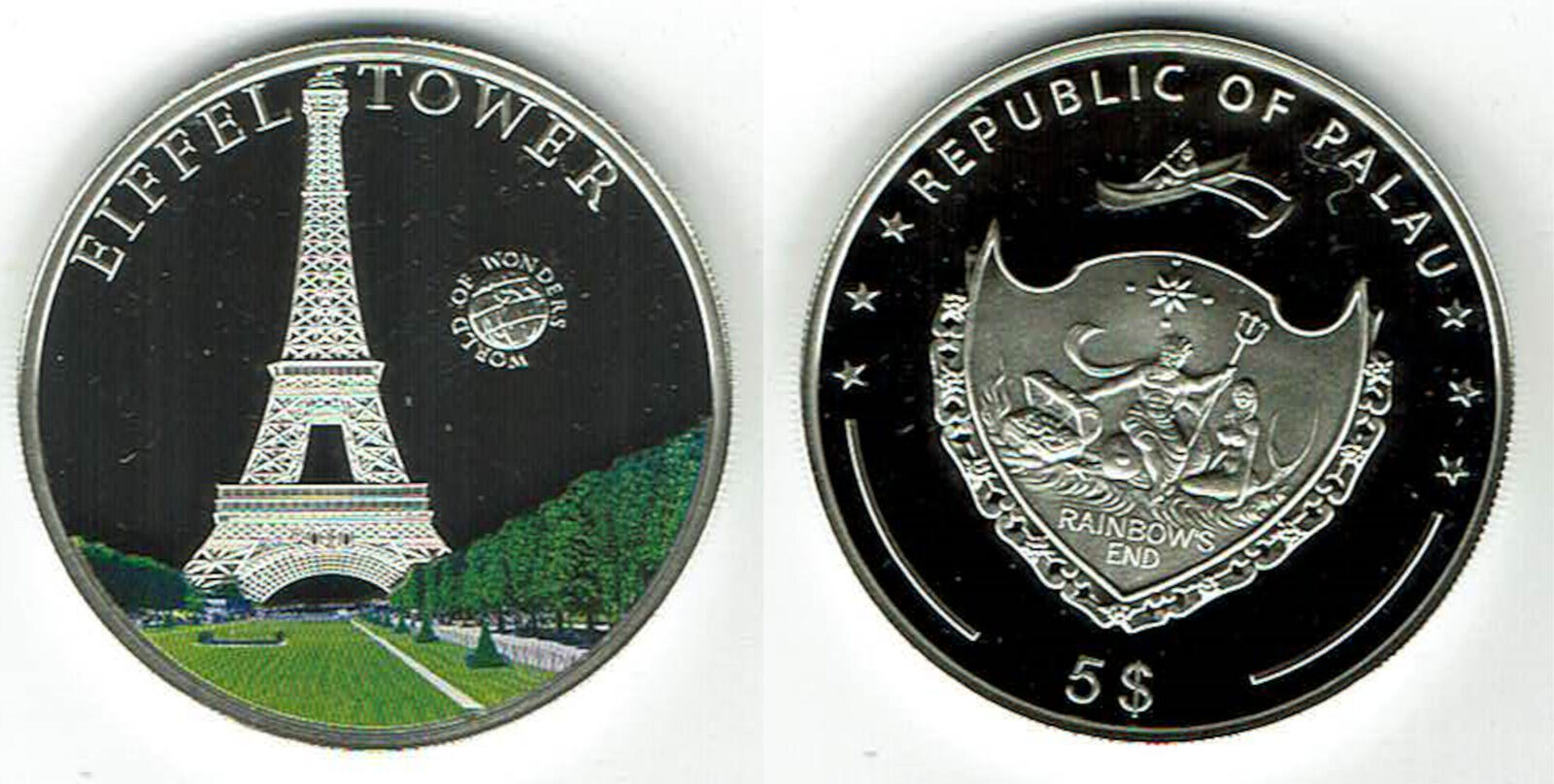 5 Dollars 2010 Palau, silver coin, world of wonders - Eiffel Tower ...
