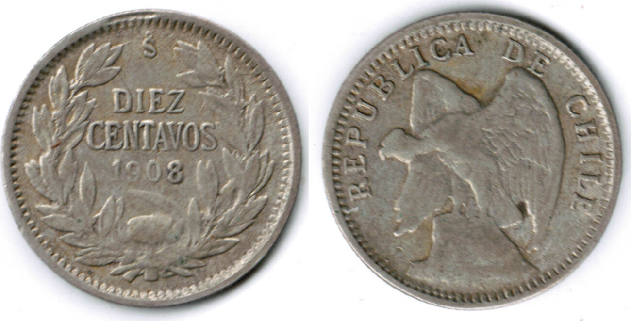 chile, 10 Centavos 1908, like scan VF | MA-Shops