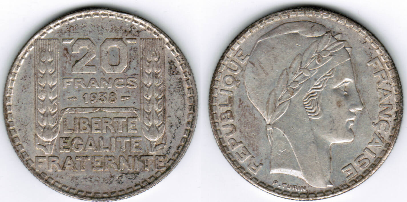 Frankreich 20 Francs france, 20 franc silver 1938, like scan VF | MA-Shops