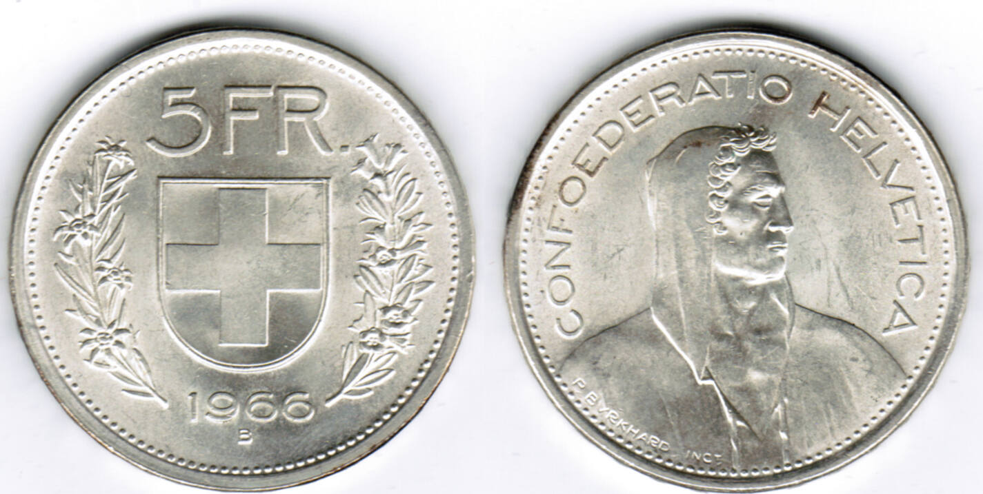 Schweiz Switzerland, silver coin, 5 Franken 1966, like scan UNC- | MA-Shops