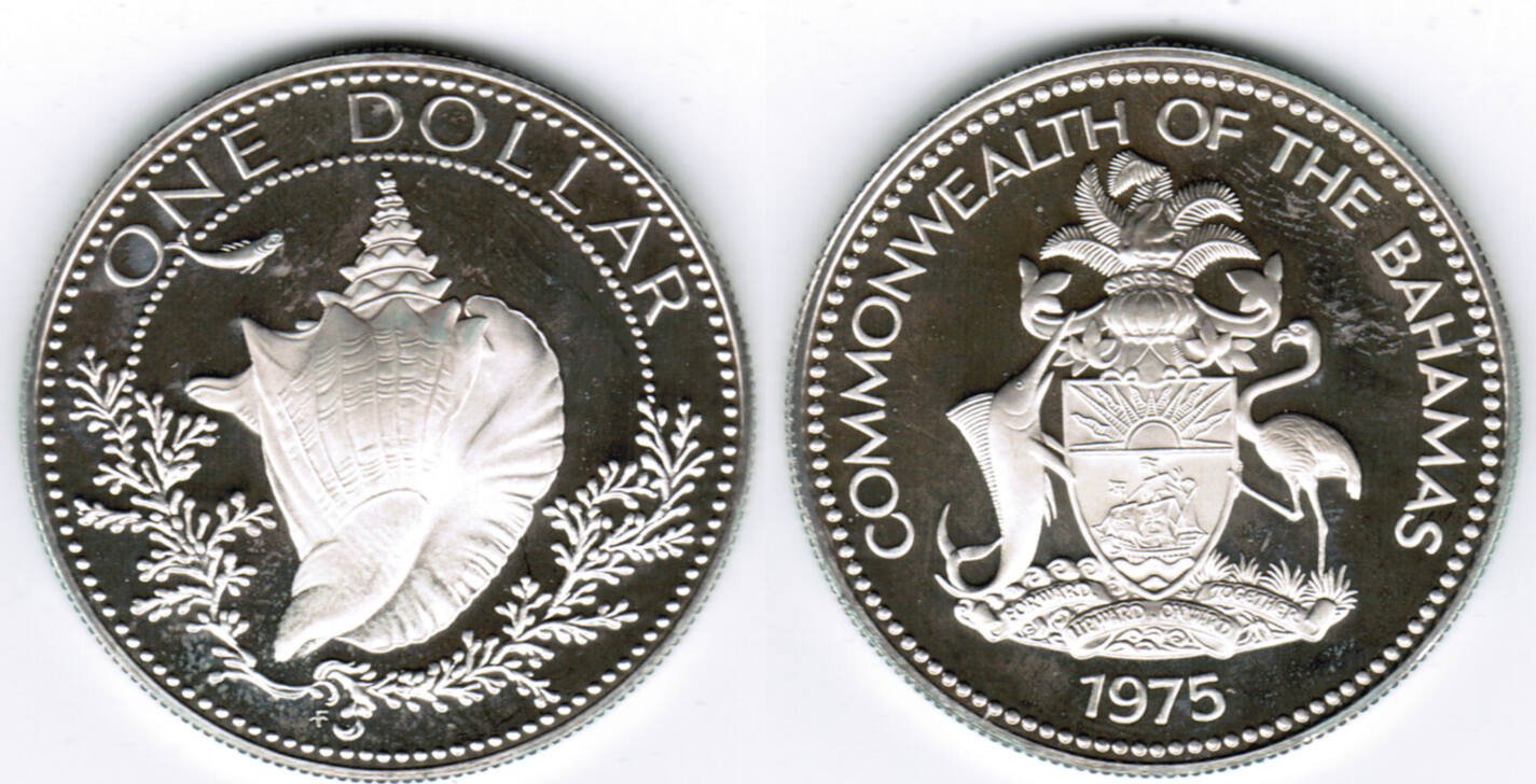 bahamas islands, silver coin 1 Dollar 1975, conch shell, like scan ...