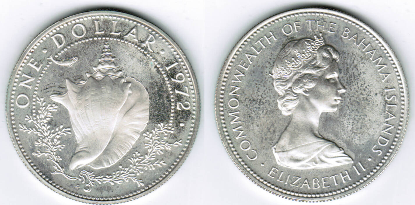 bahamas islands, silver coin 1 Dollar 1972, conch shell, like scan ...