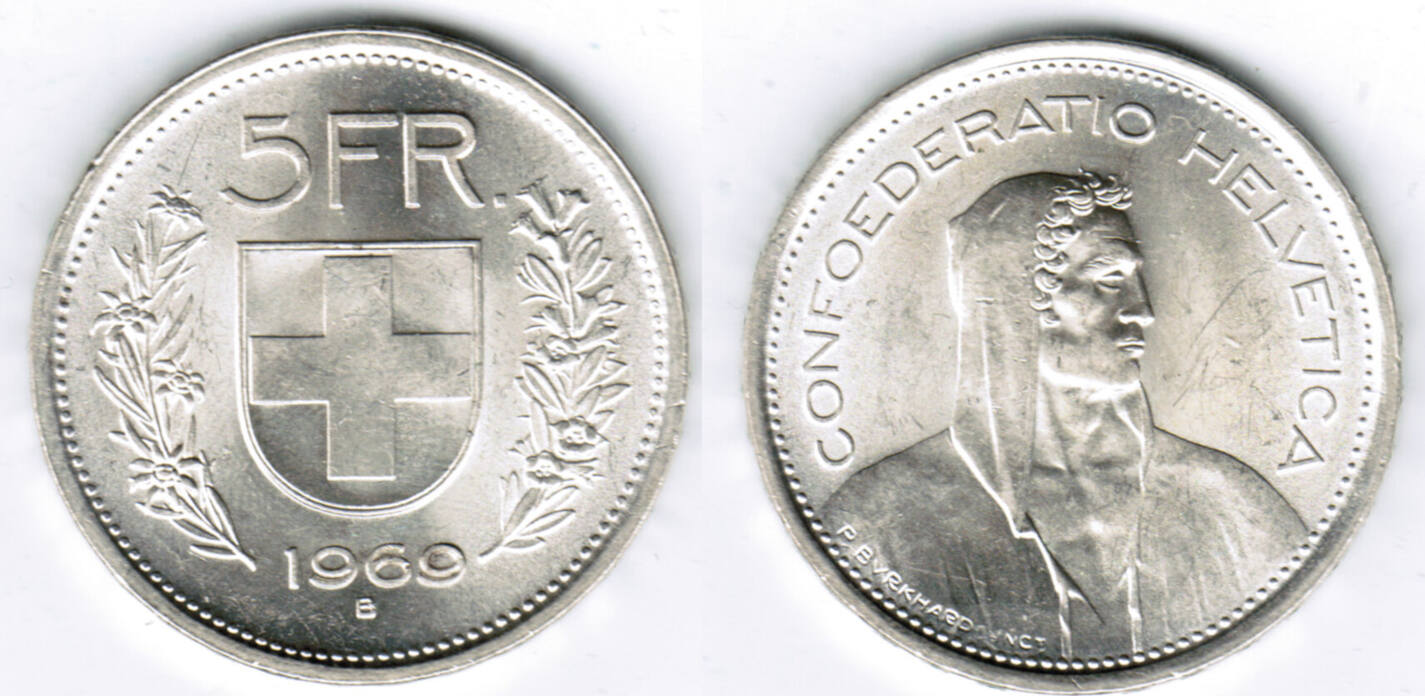 Schweiz Switzerland, silver coin, 5 Franken 1969, like scan UNC- | MA-Shops