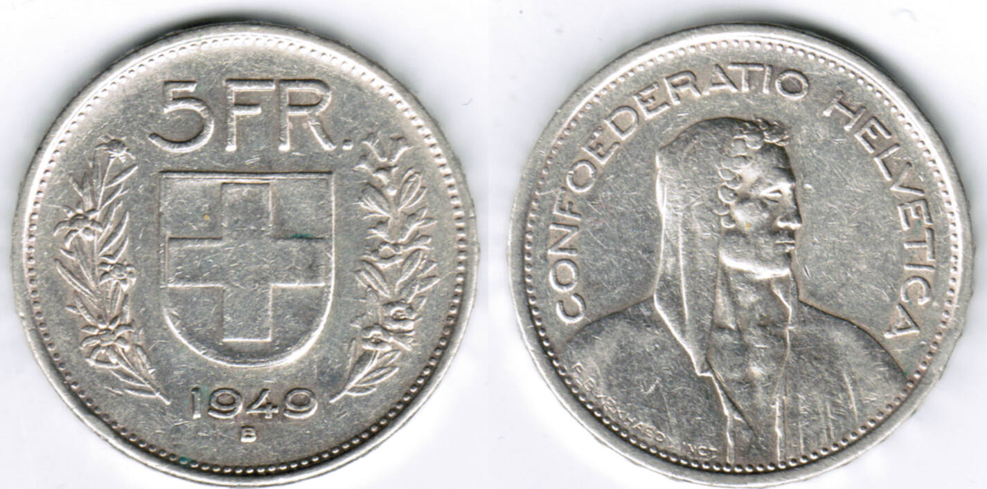 Schweiz Switzerland, silver coin, 5 Franken 1949, like scan VF | MA-Shops