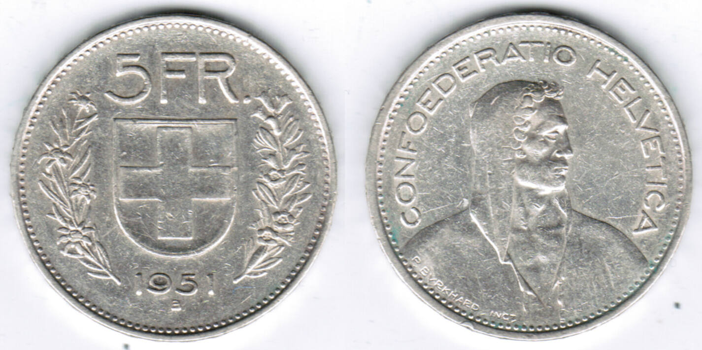 Schweiz Switzerland, silver coin, 5 Franken 1951, like scan VF | MA-Shops