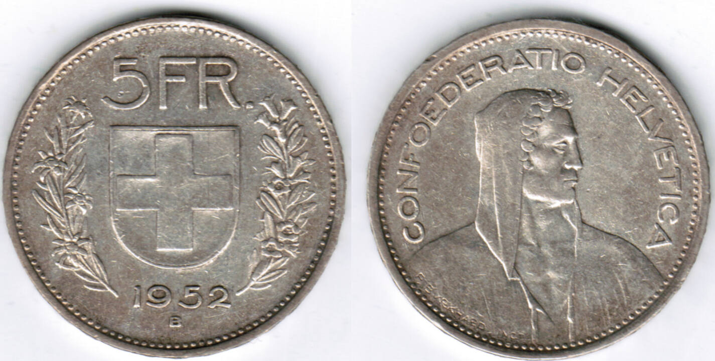 Schweiz Switzerland, silver coin, 5 Franken 1952, like scan VF | MA-Shops