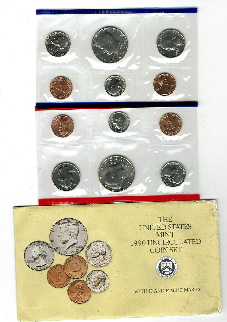 2 x 0,91 Dollars 1990 D + P USA, official mint set 1990, 2 x 1 Cent - 1 ...