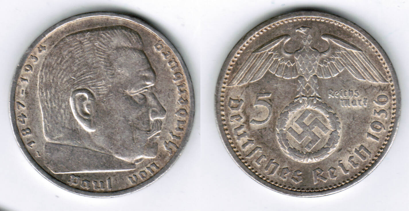 Drittes Reich, 5 Reichsmark 1936 A, Hindenburg mit HK, 13,89 g 900er ...