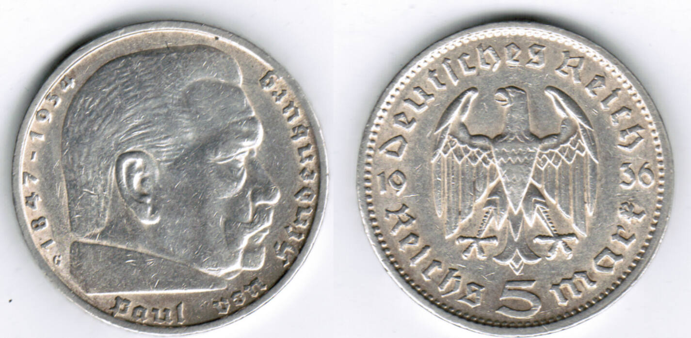 Drittes Reich, 5 Reichsmark 1936 G, Hindenburg ohne HK, 13,89 g 900er ...