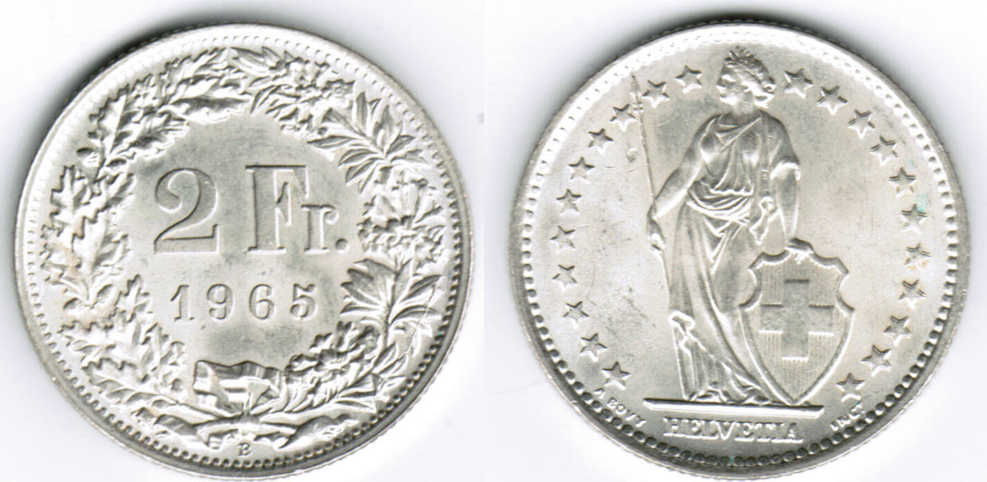 Schweiz Switzerland, silver coin, 2 Franken 1965, like scan UNC- | MA-Shops