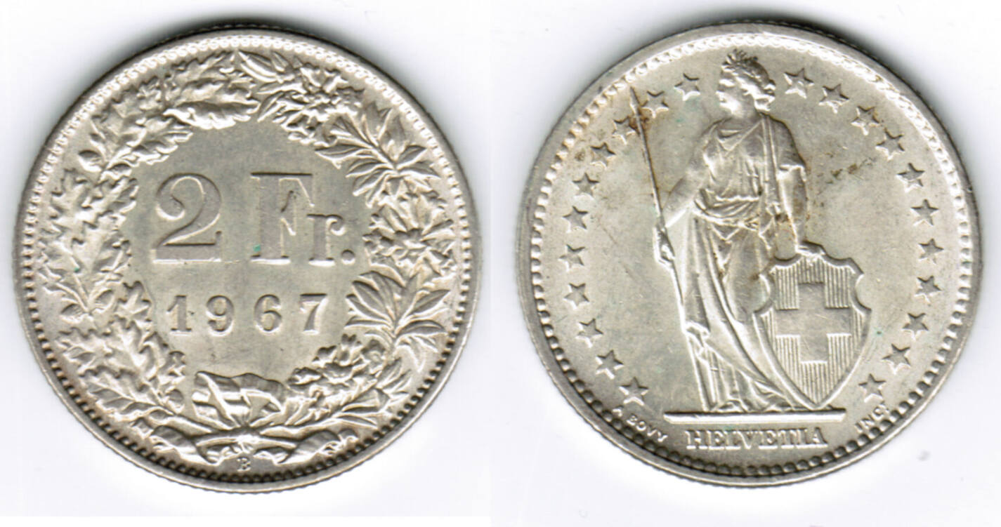 Schweiz Switzerland, silver coin, 2 Franken 1967, like scan UNC- | MA-Shops