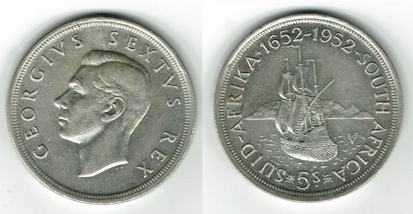 Südafrika 1952 south africa, 5 shilling silver coin, sailship/cape town ...