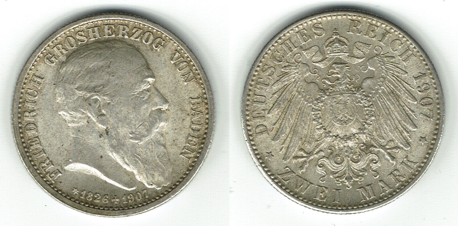 2 Mark Kaiserreich, Baden, Friedrich, 1907 G, Auf den Tod Friedrichs ...