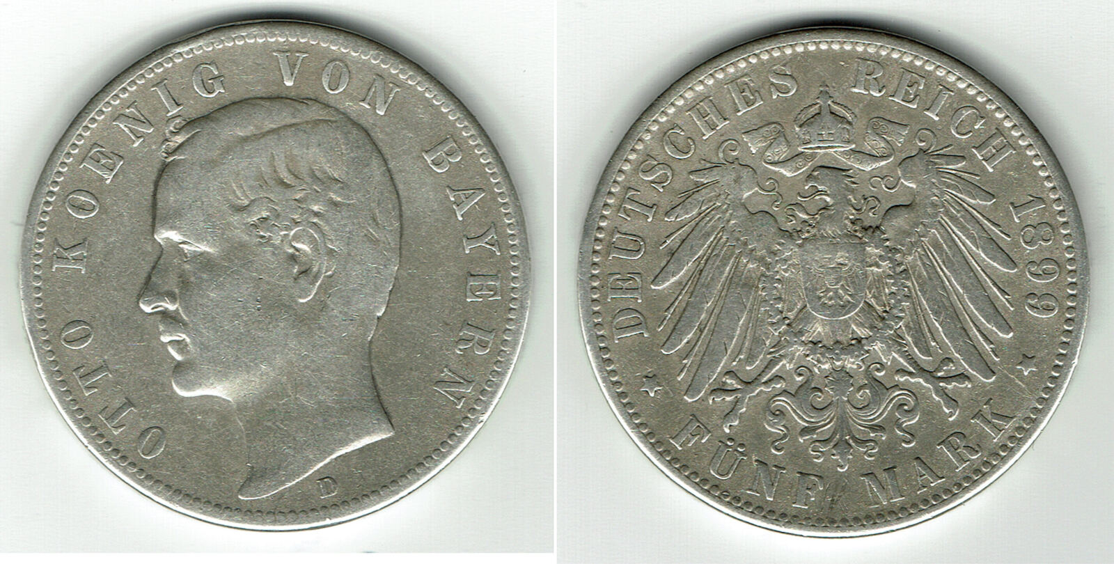 Kaiserreich - Bayern Deutsches Kaiserreich, Bayern, König Otto, 5 Mark 1899 D, Silber! VF- | MA ...