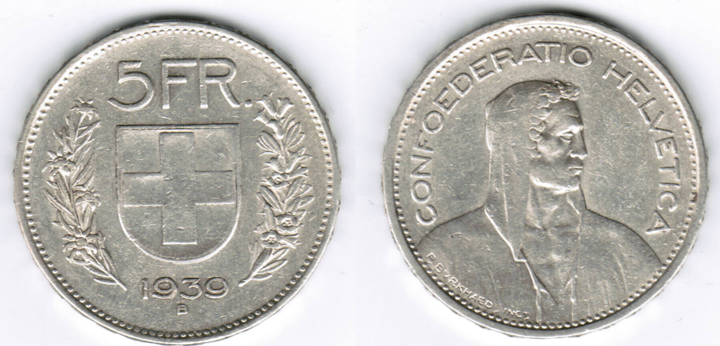 Schweiz Switzerland, silver coin, 5 Franken 1939, like scan VF | MA-Shops