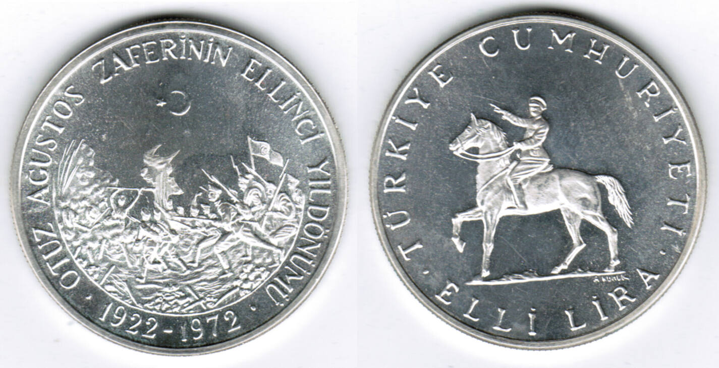 Türkei 50 Lira 1972 turkey, silver coin 50th anniversary of battle of ...