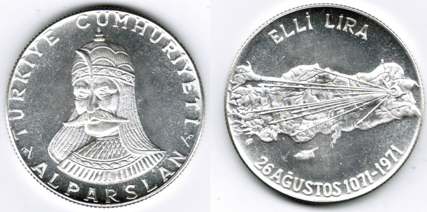 Türkei 50 Lira turkey, silver coin battle of malagzit, 1971, like scan ...