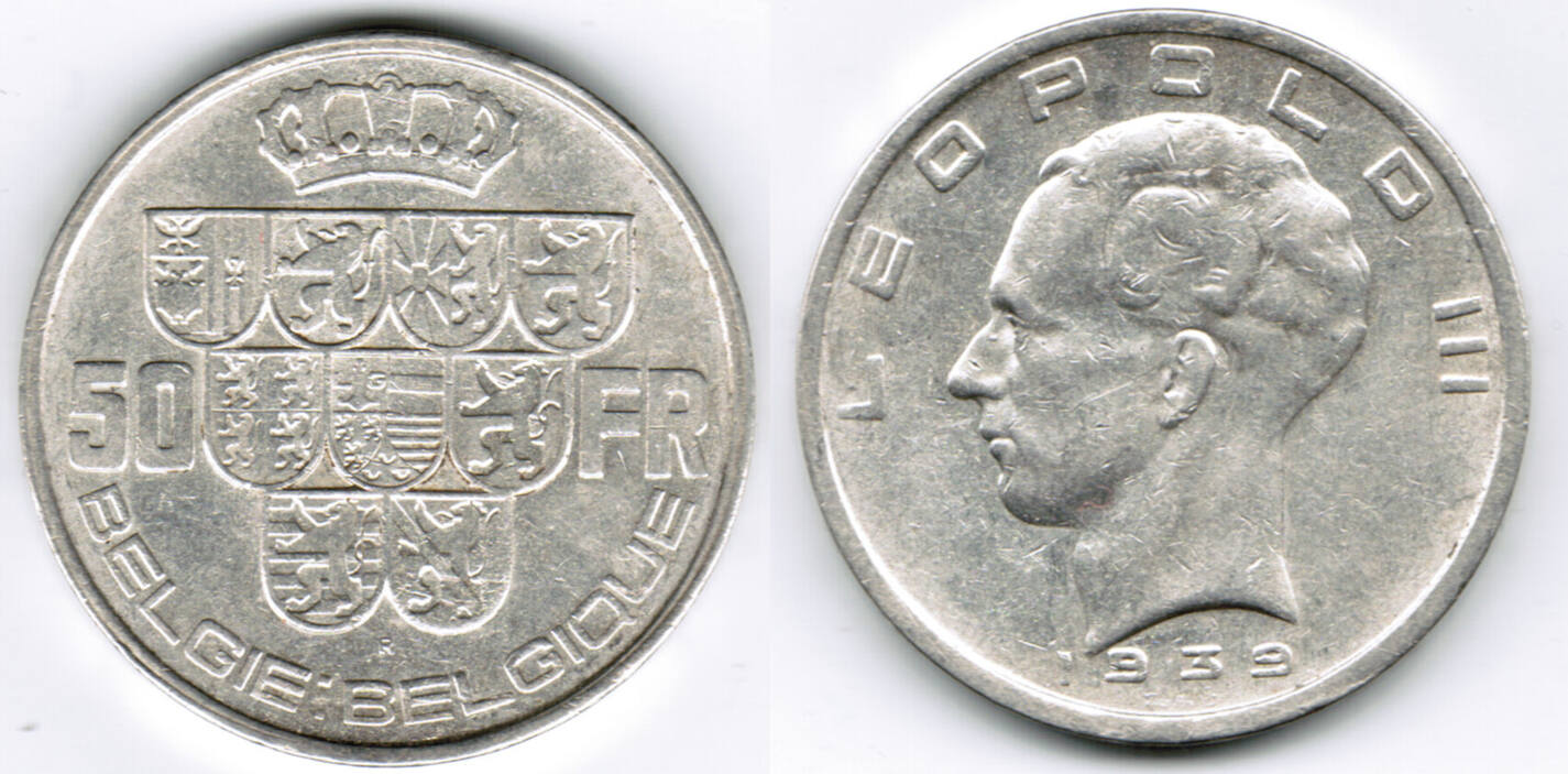 Belgien 50 Francs 1939 belgium (belgique), king leopold III., silver ...