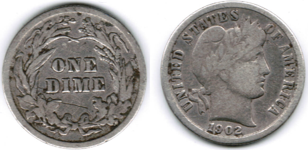 10 Cents (Dime) USA, silver barber dime 1902, like scan VF | MA-Shops