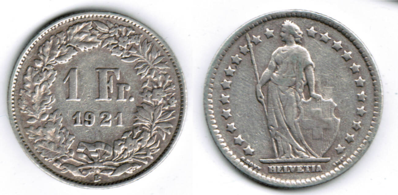 Schweiz 1921 Switzerland, silver coin, 1 Franken, like scan VF | MA-Shops