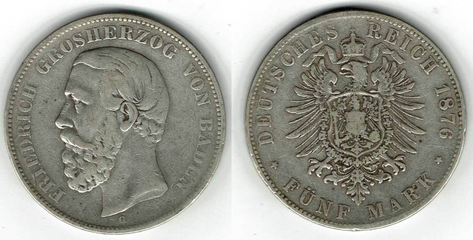 Kaiserreich, Baden, Friedrich, 5 Mark 1876 G, Erhaltung siehe Scan! VF ...