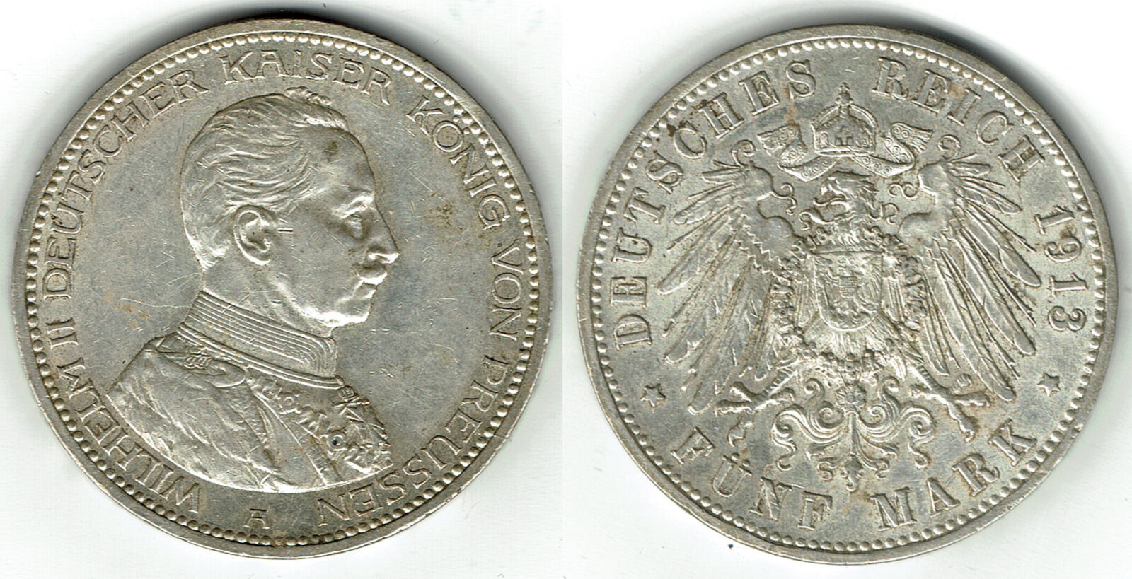 Preußen 5 Mark 1913 A, Wilhelm II. in Uniform, Erhaltung siehe Scan! VF-EF | MA-Shops